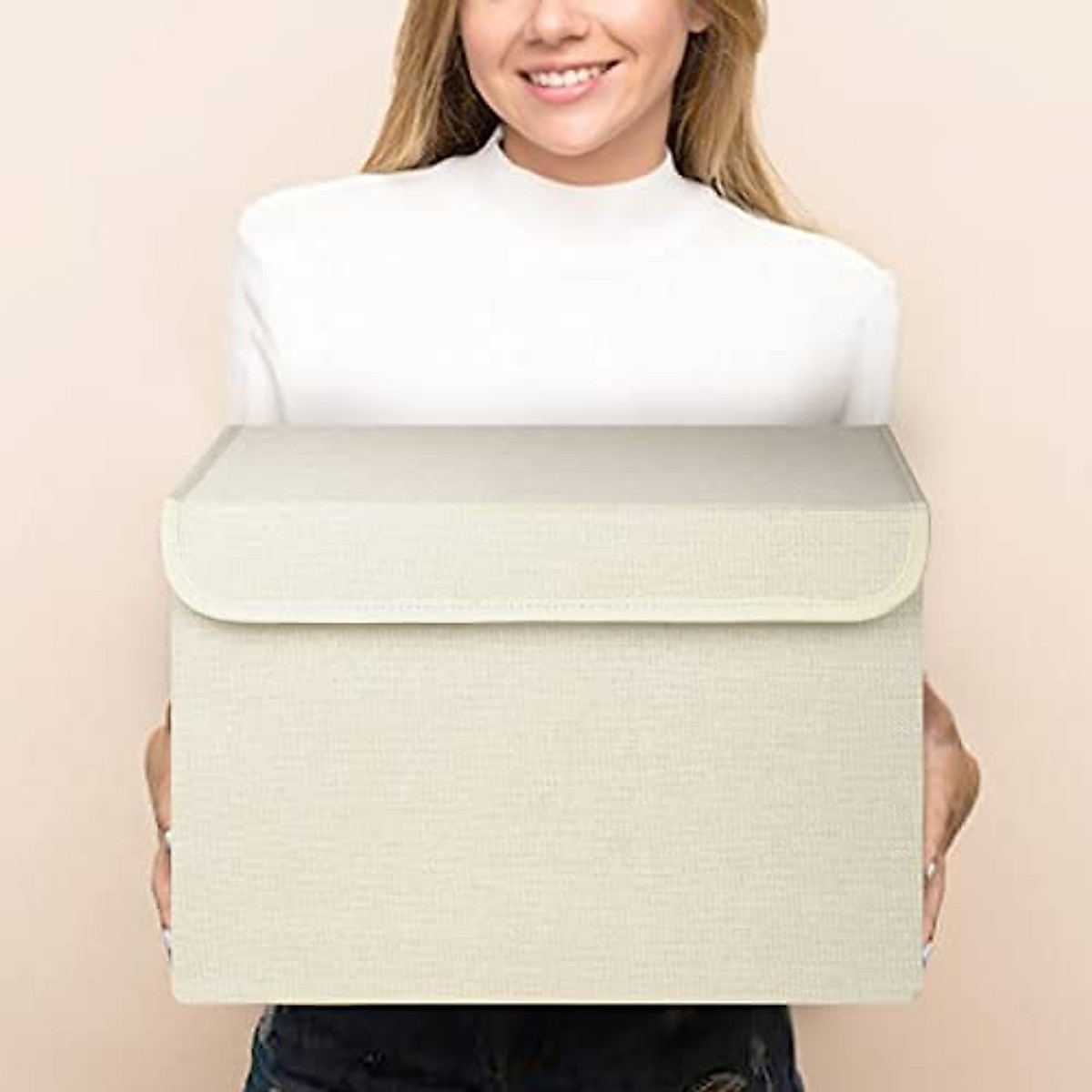 Bagnizer Collapsible Storage Bins with Lids, [1-Pack] Medium 22 Quart Linen Fabric Storage Boxes with Lids  for Home Bedroom Office (14.6 x 9.5 x 9.5, Beige)