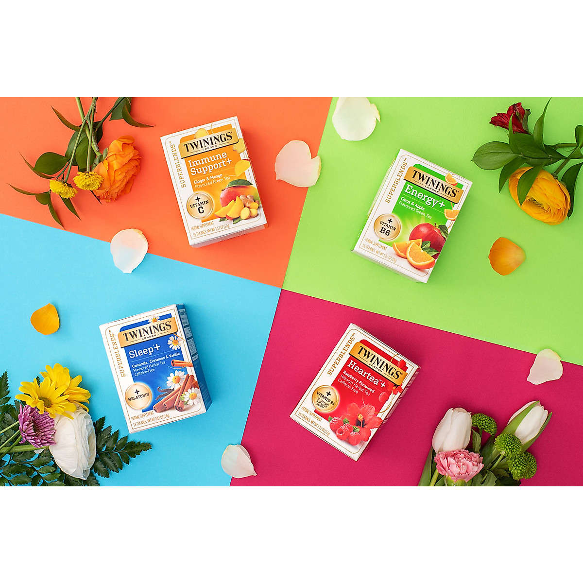 Twinings Superblends Immune Support+ Herbal Tea with Vitamin C, Ginger & Mango Flavoured Green Tea, 16 Tea Bags (Pack of 6), Enjoy Hot or Iced