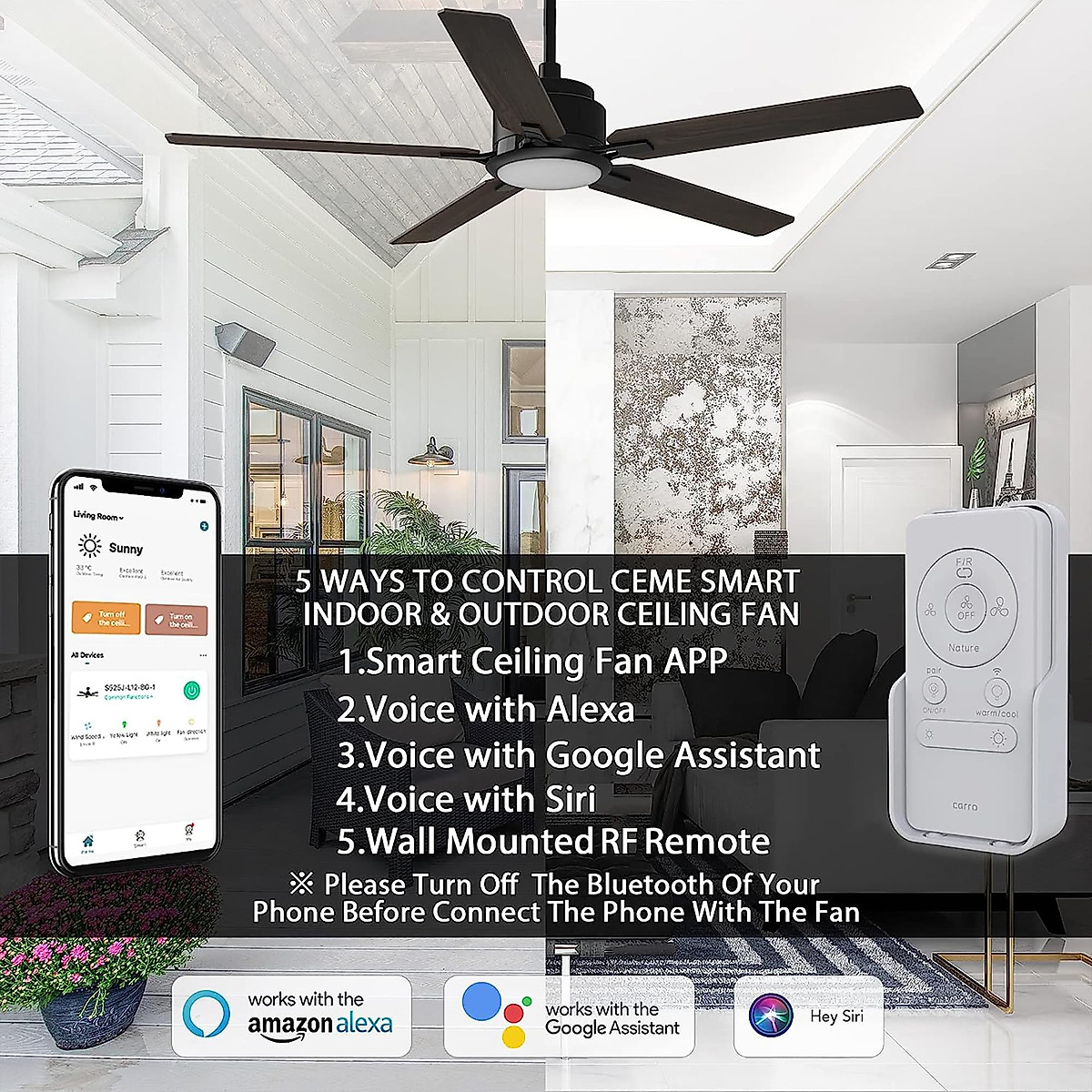 52“ Smart Ceiling Fan With Light, Low Profile With 10 Speeds, Silent DC Motor, Farmhouse Ceiling Fan Compatible with Alexa, Siri, Google & Smart App, Black & Walnut,Indoor & Outdoor