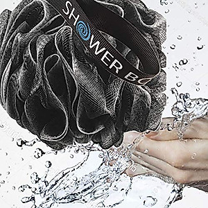 Loofah-Charcoal Bath-Sponge XL-75g-Set by Shower Bouquet: 4-Pack, Extra Large Mesh Pouf Soft Scrubber for Men and Women - Exfoliate with Big Black & White Gentle Cleanse in Beauty Bathing Accessories