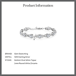 Gem Stone King 10.20 Cttw Oval White Topaz Tennis Bracelet For Women In 925 Sterling Silver | Gemstone Birthstone | Oval 6X4MM | 7 inch With 1 Inch Extender