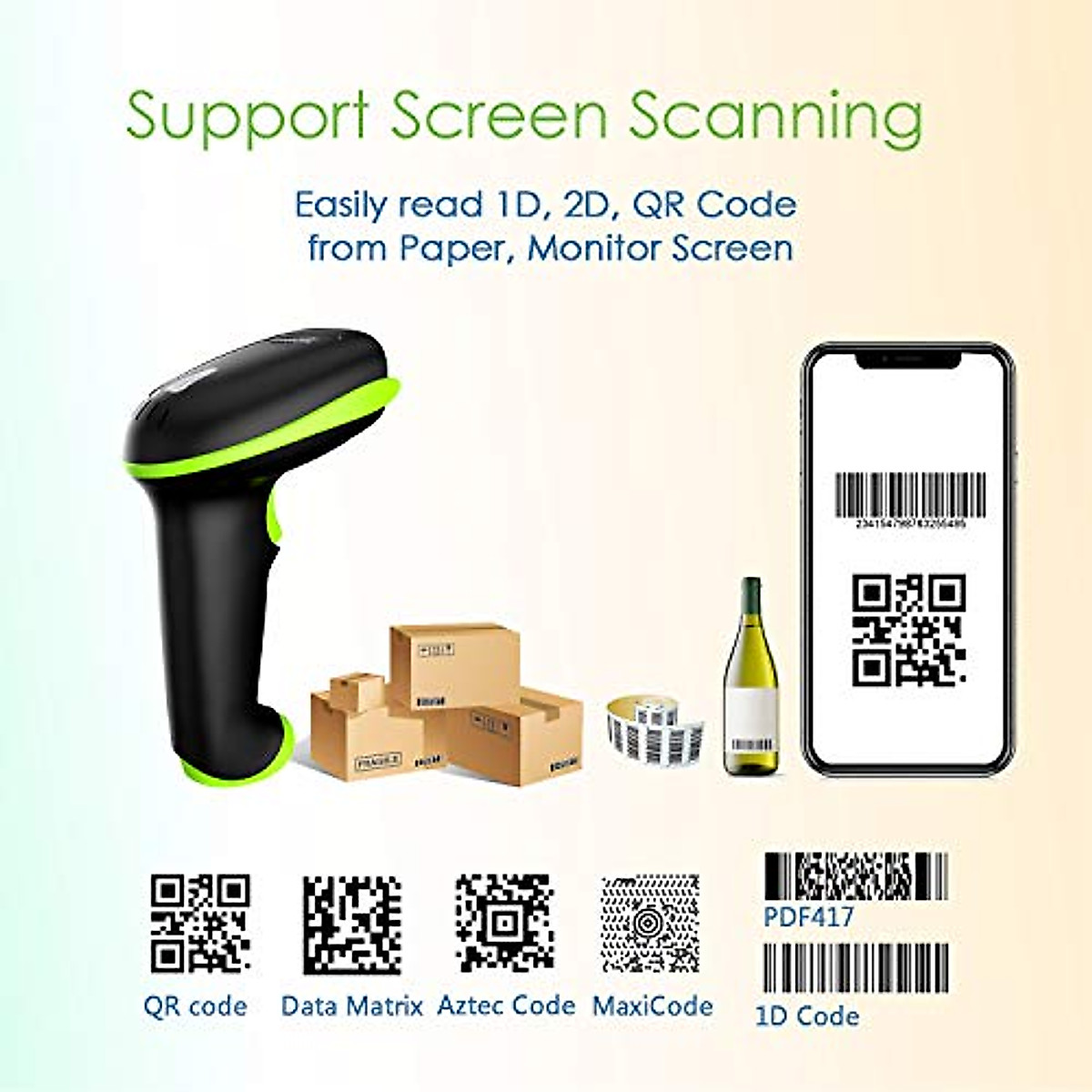 NADAMOO 2D Wireless Barcode Scanner with Stand, Compatible with Bluetooth & 2.4G Wireless & Wired Connection, Cordless QR Code Scanner USB Image Bar Code Reader for Computer Tablet iPhone iPad Android