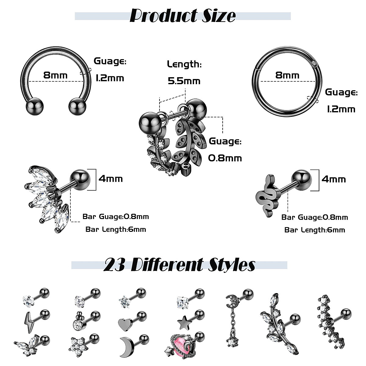 Drperfect Cartilage Helix Earring Stud Hoop Set for Women, Metal, Cubic Zirconia