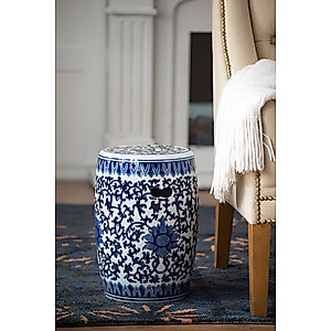 A & B Home Blue and White Asian Style Stool Indoor Multi Purpose Versatile Design Sturdy Glazed Porcelain Finish 11" x 11" x 16"