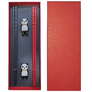 Chopsticks and Chopstick Rest Gift Set,Dishwasher Safe Reusable Fiber Glass Chopsticks and Porcelain Panda Chopsticks Holders,Red Black 2 Pairs