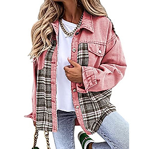 Astylish Women Plaid Boyfriend Jean Jacket Long Sleeve Button Down Oversized Plaid Denim Shacket Jackets Barbie Pink Large