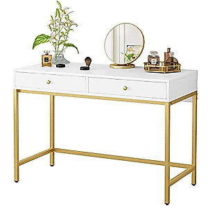 White-Vanity-Desk with 2 Drawers, White/Gold Home-Office-Desks Glossy Desktop Makeup-Vanity-Table Modern Writing Computer Standing Desk with Wood Top and Metal Frame for Home Office Bedroom Furniture