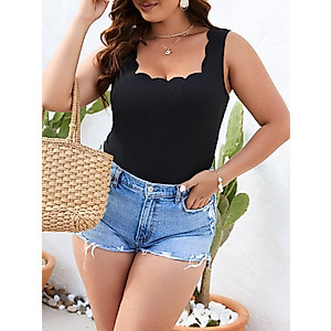 SOLY HUX Women's Plus Size Scalloped Trim Square Neck Sleeveless Summer Tank Tops Solid Black 2XL