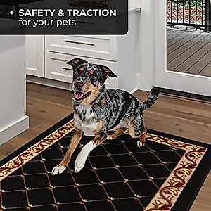 House, Home and More Skid-Resistant Carpet Indoor Area Rug Floor Mat – Traditional Lattice with Floral Border – Ebony Black – 3 Feet X 3 Feet