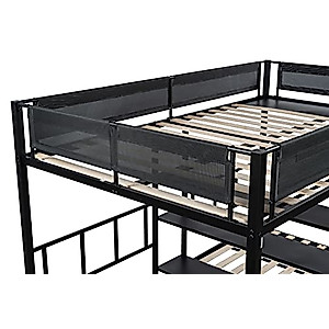Goohome Full Over Twin and Twin Size Triple Bunk Bed with 4 Shelves, Heavy-Duty Steel Triple Bunk Beds Frame W/Safety Guardrail, Built-in Wood Slat and Ladder, for Kids, Teens, Adults