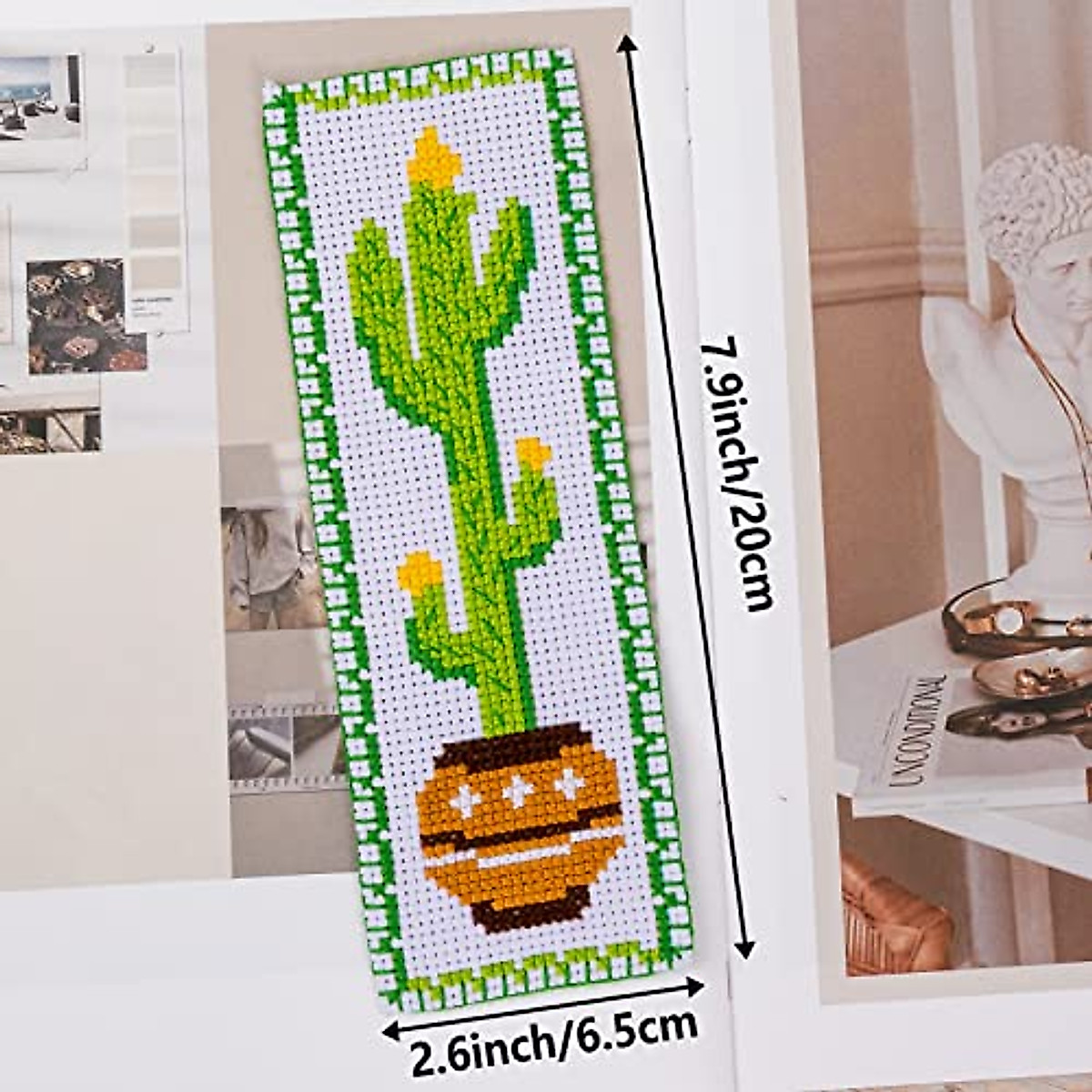Caydo 3 PCS Cross Stitch Bookmark Kits, Stamped Embroidery Bookmark Kit for Kids Adults Beginner, DIY Counted Crossstitch Christmas Gift for Book Lovers(Green Plants)