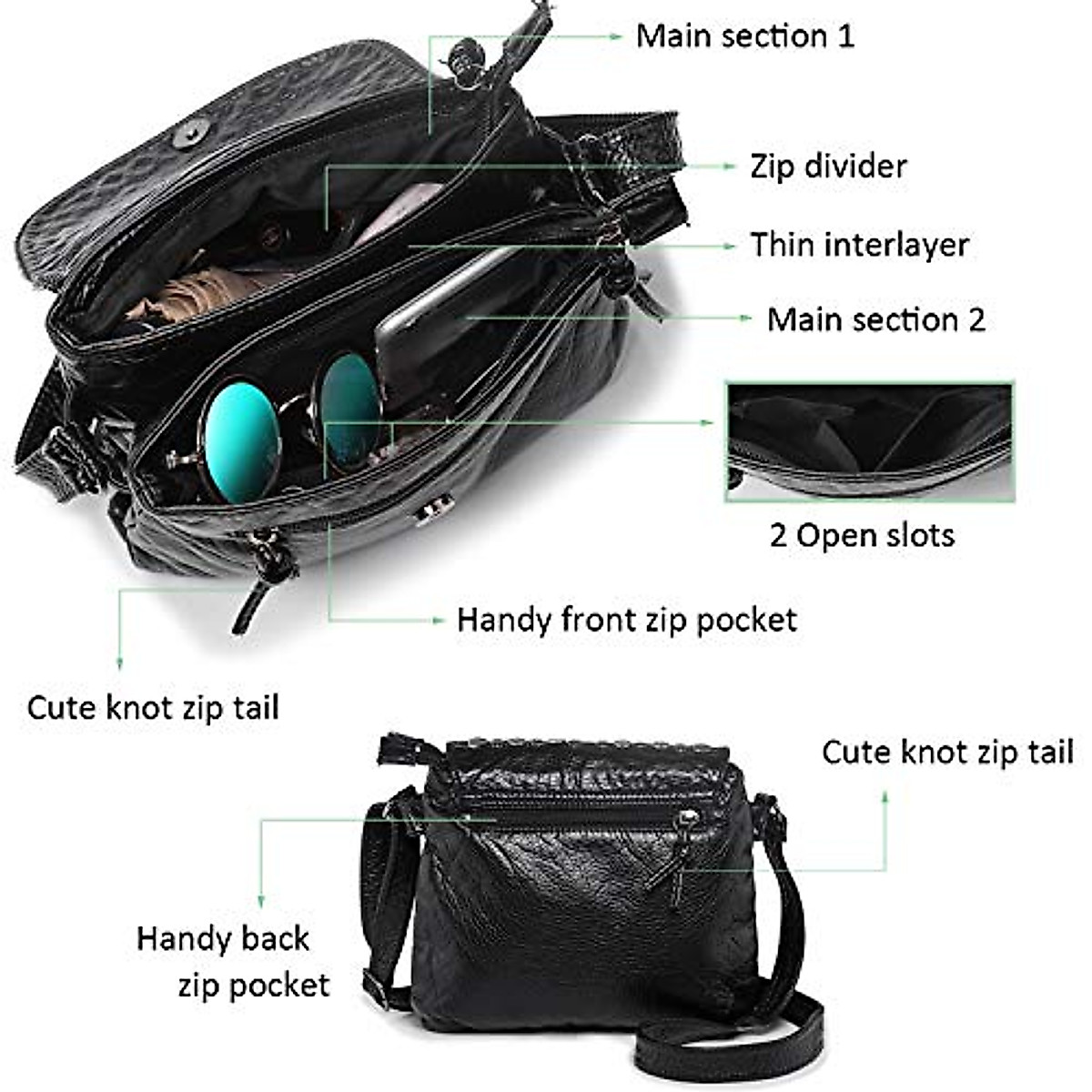 LaRechor Medium Crossbody Bag Multiple Pocket Women Shoulder Purse with Rivets Black