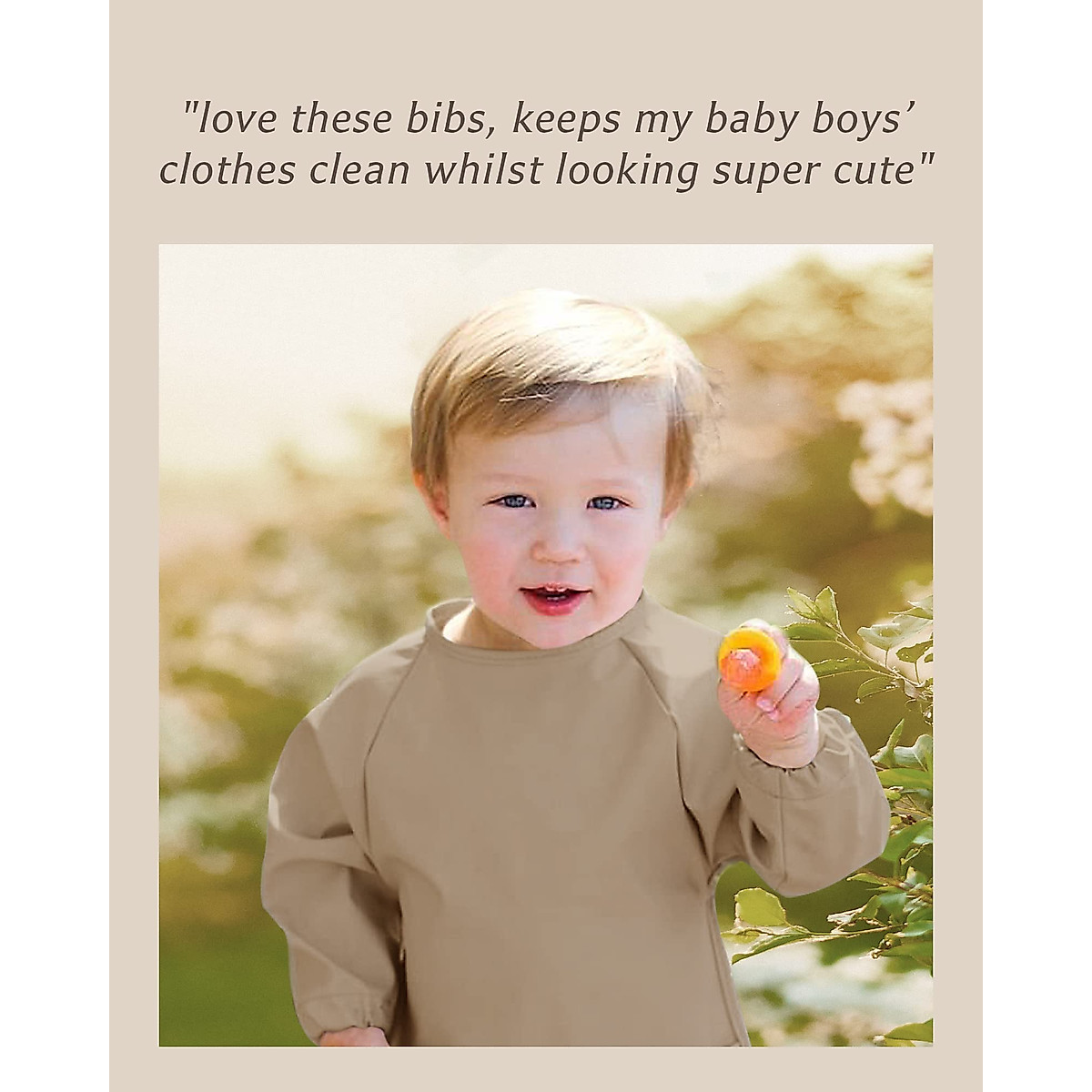 WILLOW + SIM Long Sleeve Baby Bibs - Wipe Clean, Washable with Food Catcher - Long Sleeve Bib for Babies, Toddler - Irish Cream