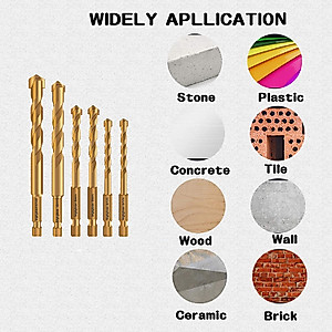 【 New 】 6pcs Golden Masonry Drill Bits Set, Mgtgbao Ceramic Tile Drill Bits Carbide Tip for Glass, Brick, Tile, Concrete, Plastic and Wood with Size 6mm(1/4”), 8mm (5/16”), 10mm (3/8”), 12mm (1/2”).