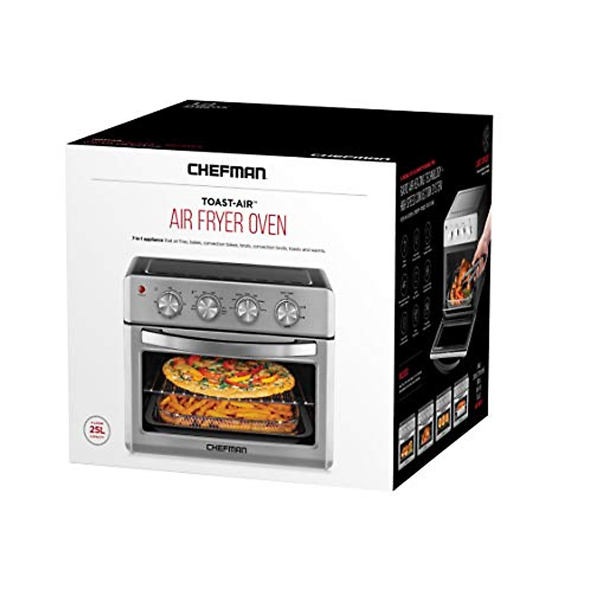 Chefman Air Fryer Toaster Oven, 6 Slice, 26 QT Convection AirFryer w/ Auto Shut-Off, 60 Min Timer; Roast, Bake, Fry Oil-Free, Nonstick Interior, Accessories & Cookbook Included, Stainless Steel/Black