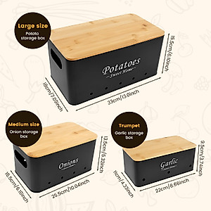 WHSUNVO 3Pcs Onion Garlic Potato Storage Box Set Carbon Steel Potato Onion Storage Bin with Vent Hole Multipurpose Vegetable Keeper Containers Potato Onion Garlic Jars Storage Canisters(Black)