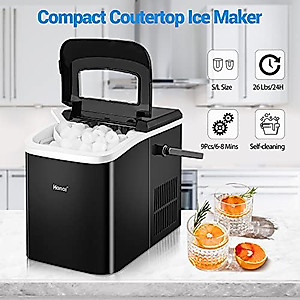 Ice Makers Countertop,Protable Ice Maker Machine with Handle,Self-Cleaning Ice Maker, 26Lbs/24H, 9 Ice Cubes Ready in 6-8 Mins, for Home/Office/Kitchen Black WANAI