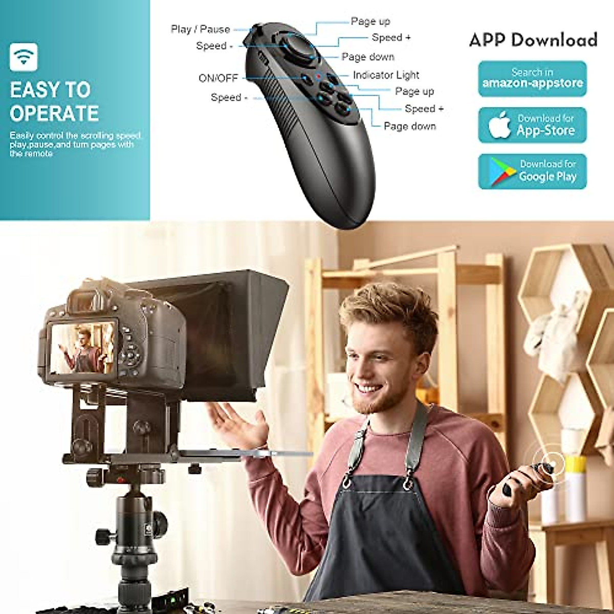 Liftable Teleprompter W/Remote Control and app with Adjustable Tempered Optical Glass Supports Smartphone,DSLR, DV Camcorder Shooting.