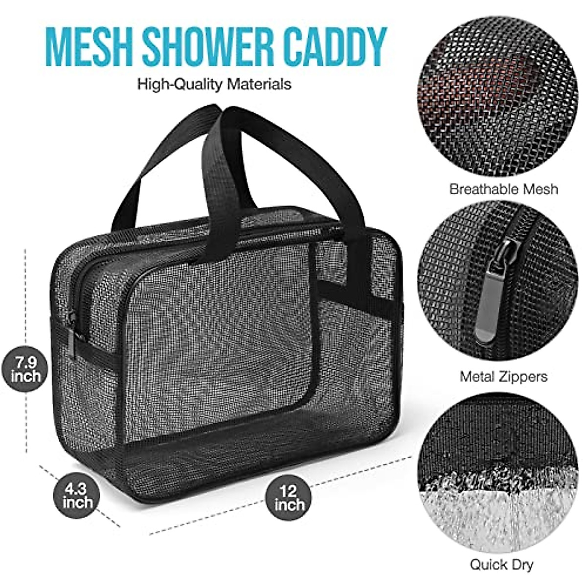 Gocvo Mesh Shower Caddy Mash Shower Bag Black Portable Mesh Accessories Organizer Tote for Gym College Dorm Room (Black-Large)