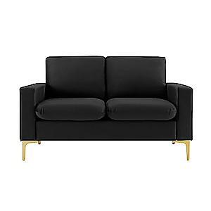 FREEHOMAE Velvet Loveseat with Gold Metal Legs & Square Armrest Small Couch Sofa for Limited Space, Modern 2- Seat Sofa for Apartment (Black)
