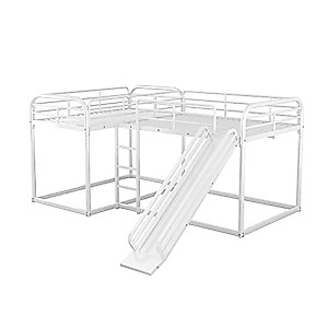 L-Shaped Bunk Bed for 4 Kids, Full and Twin Bunk Bed Frame with Slide, Short Ladder and Full-Length Guardrail, 4 in 1 Home Furniture Bedframe,Space Saving Design & No Box Spring Needed (White)
