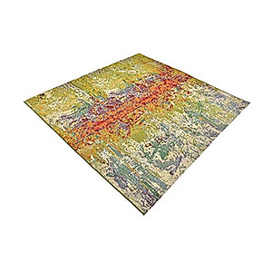 Unique Loom Modern Collection Rustic, Abstract, Distressed, Bright Colors, Indoor and Outdoor Area Rug, 6 ft 0 in x 6 ft 0 in, Multi/Green