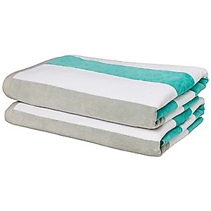 Amazon Basics Oversized Premium Cotton Beach Towel - Pop Stripe - Turquoise/Gray, 36" x 72", 2-Pack