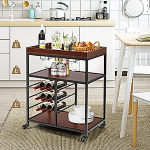 COSTWAY Kitchen Rolling Island Cart, with 9-Bottle Wine Racks & Glass Holders, Utility Beverage Cart Trolley with Lockable Wheels for Home Kitchen, Wooden and Metal Frame, Rustic Brown