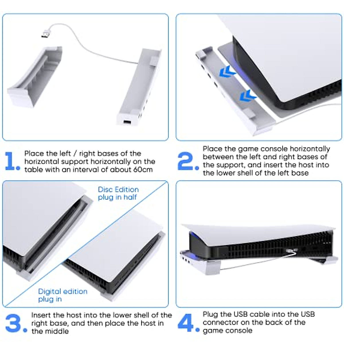 FASTSNAIL Horizontal Stand for PS5 with 4 USB Extension, Cabinet Console Laydown Holder with Charging Data USB Hub, Accessories Stand Compaitble with Playstation 5 Disc & Digital Edition Console