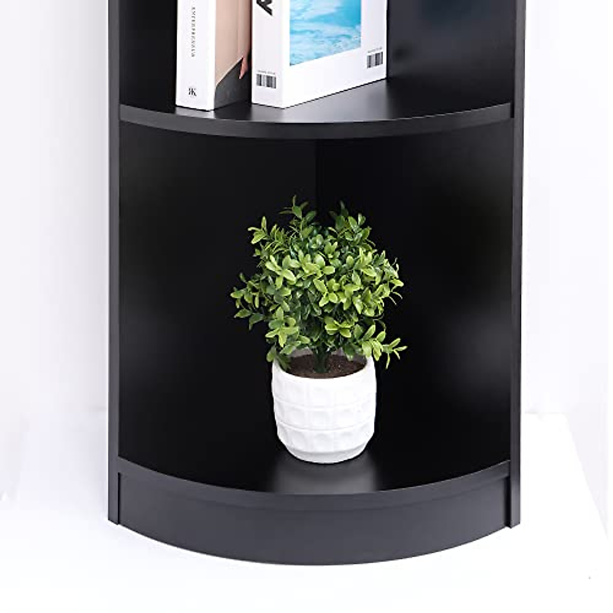Fun Memories 5-Tier Corner Bookshelf - 63" Tall Modern Free-Standing Corner Bookcase - Durable Wood Corner Cabinet and Plant Shelf in Sleek Black for Living Rooms, Bedrooms, Kitchens and Offices