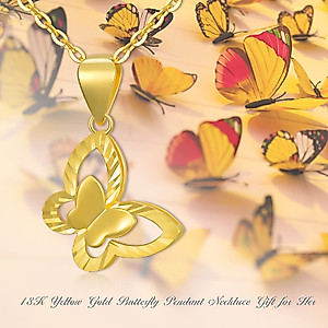 18K Yellow Gold Butterfly Necklace for Women, Real Gold Chain Shiny Pendant Anniversary Birthday Jewelry Gift for Her, Wife, Mom, 16"-18"