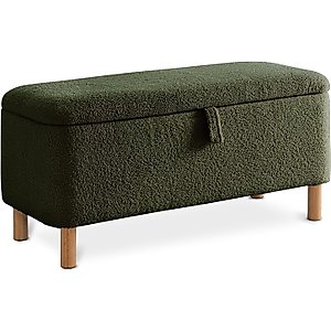 Boucle Storage Ottoman Bench for Bedroom end of Bed, Sherpa Upholstered Shoe Seat Storage Beach for Entryway Bed Foot, Rectangle Cushion Padded Blanket Chest Cute for Living Room, Blackish Green