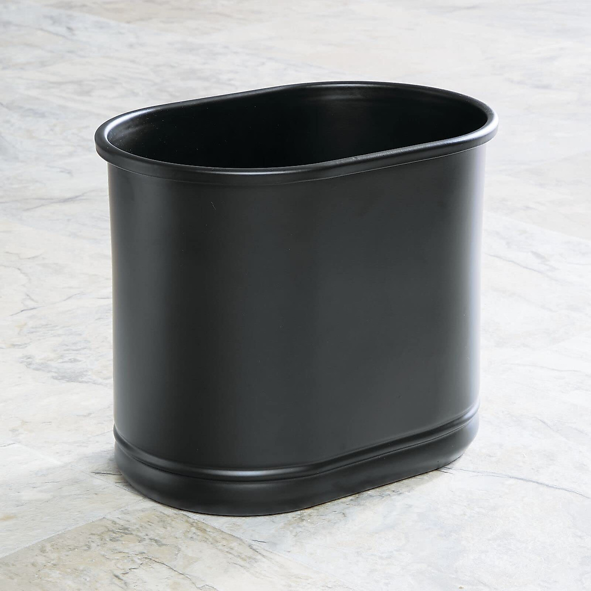 mDesign Small Metal Oval 2.5 Gallon Trash Can, Decorative Wastebasket, Garbage Trashcan DustBin for Bathroom, Bedroom, Bedroom, Kitchen, Office, Waste, Refuse, Recycling, Vivi Collection, Matte Black