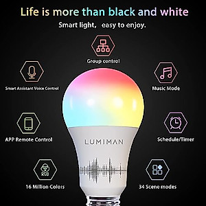Smart Light Bulbs,Wi-Fi Led Bulbs RGBCW, LCompatible with Alexa and Google Assistant,6 Pack 7.5W 800LM, Color Changing Light Bulb, No Hub Required(2.4Ghz Only)