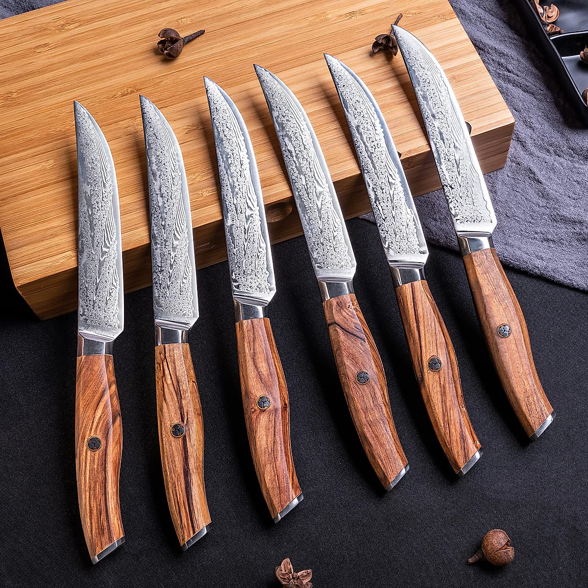 Steak Knives Set of 6, Super Sharp 5" Non-serrated Japanese Damascus Steel Steak Knife with Full-Tang Ergonomic Olive Wood Handle