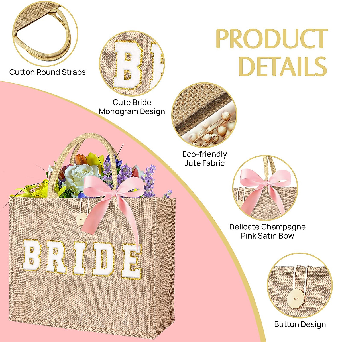 JUSTOTRY Bride Bag - Bride to Be Gifts Natural Jute Large Tote Bag with Webbed Handles Utility Personalized Canvas Bag for bachelorette party Bridal Shower Wedding Gift