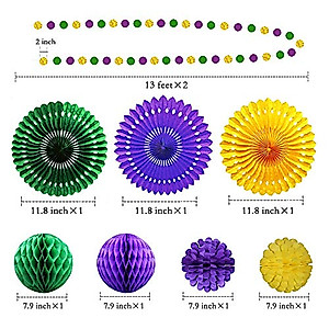 Decor365 Gold Purple Green Mardi Gras Party Decorations Glitter Circle Garlands Banner Paper Fan Tissue Pompoms Fat Tuesday/Mardi Gras Decor/Baby Shower/Birthday/Wedding/Cavinal Party Decor