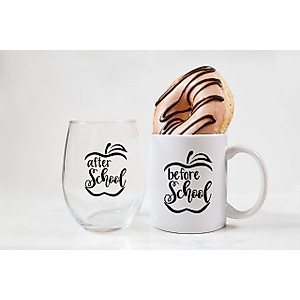 Before School After School Teacher Wine Glass + Coffee Mug Gifts Set - For Teachers, Grad School, Counselor, Day Care Worker, Aide, Principal, Kindergarden, Or Law School Care Package