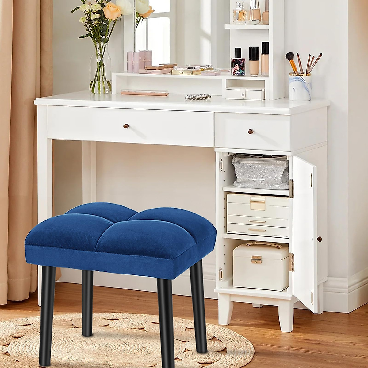 HOUCHICS Soft Vanity Stool Blue Ottoman Stool, Square Makeup Stool with Wooden Legs, Small Ottoman Stool Chair for Vanity, Modern Padded Sofa Seat Foot Rest Stool(Blue)