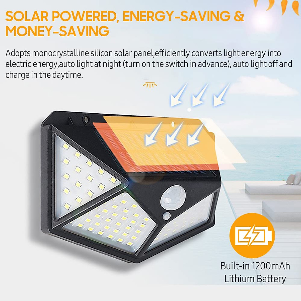 ERYUE Outdoor lamp, Solar Wall Light Motion Sensor 100 LEDs Outdoor Waterproof Solar LED Wall Lamp PIR Solar Powered Landscape Path Lights Auto On/Off for Fence Front Door Gate Balcony Yard Garden