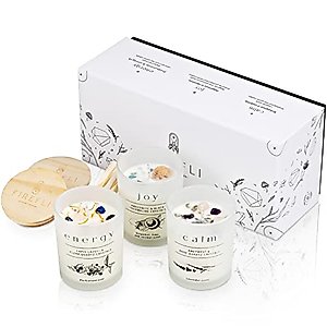 Firefli Crystal Candles 3-Piece Crystal Candle Set with Wood Lids & Dried Flowers | Candles Gifts for Women | 3.5oz Manifestation Candles with Crystals Inside | Soy Wax Scented Luxury Candles