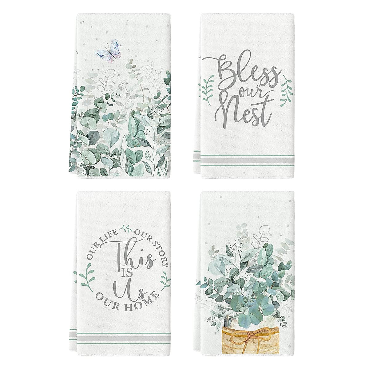 Artoid Mode Vase Eucalyptus Leaves Bless Our Nest Kitchen Towels Dish Towels, 18x26 Inch Seasonal Spring Summer Decoration Hand Towels Set of 4