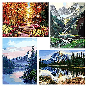 Qoosea 4 Pack Paint by Numbers for Adults Landscape DIY Art Craft for Beginner Acrylic Painting On Canvas by Number for Home Wall Decor 12X16inch