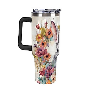 40 Oz Vacuum Tumbler with Black Handle Leakproof Insulated Tumbler Watercolor Rabbit And Flowers Stainless Steel Travel Mug with Lid And Straw Coffee Cup Cute Water Bottles Cup Holder Friendly