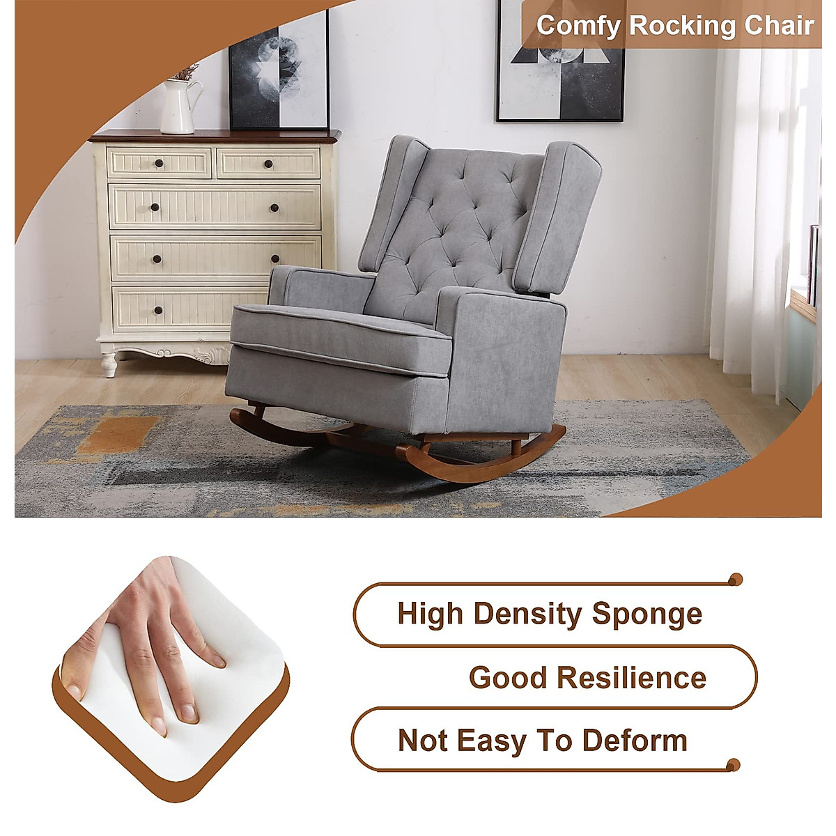 KINFFICT Convertible Accent Rocking Chair, Mid Century Glider Rocker for Baby Nursery, Modern Wingback Armchair for Living Room, Bedroom, Two Types of Leg, Light Gray