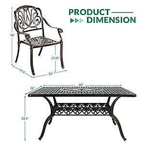 VIVIJASON 7 Pieces Cast Aluminum Outdoor Furniture Dining Set, Include 6 Chairs and a Rectangle Table with 2" Umbrella Hole, Patio Conversation Set for Lawn Garden Porch