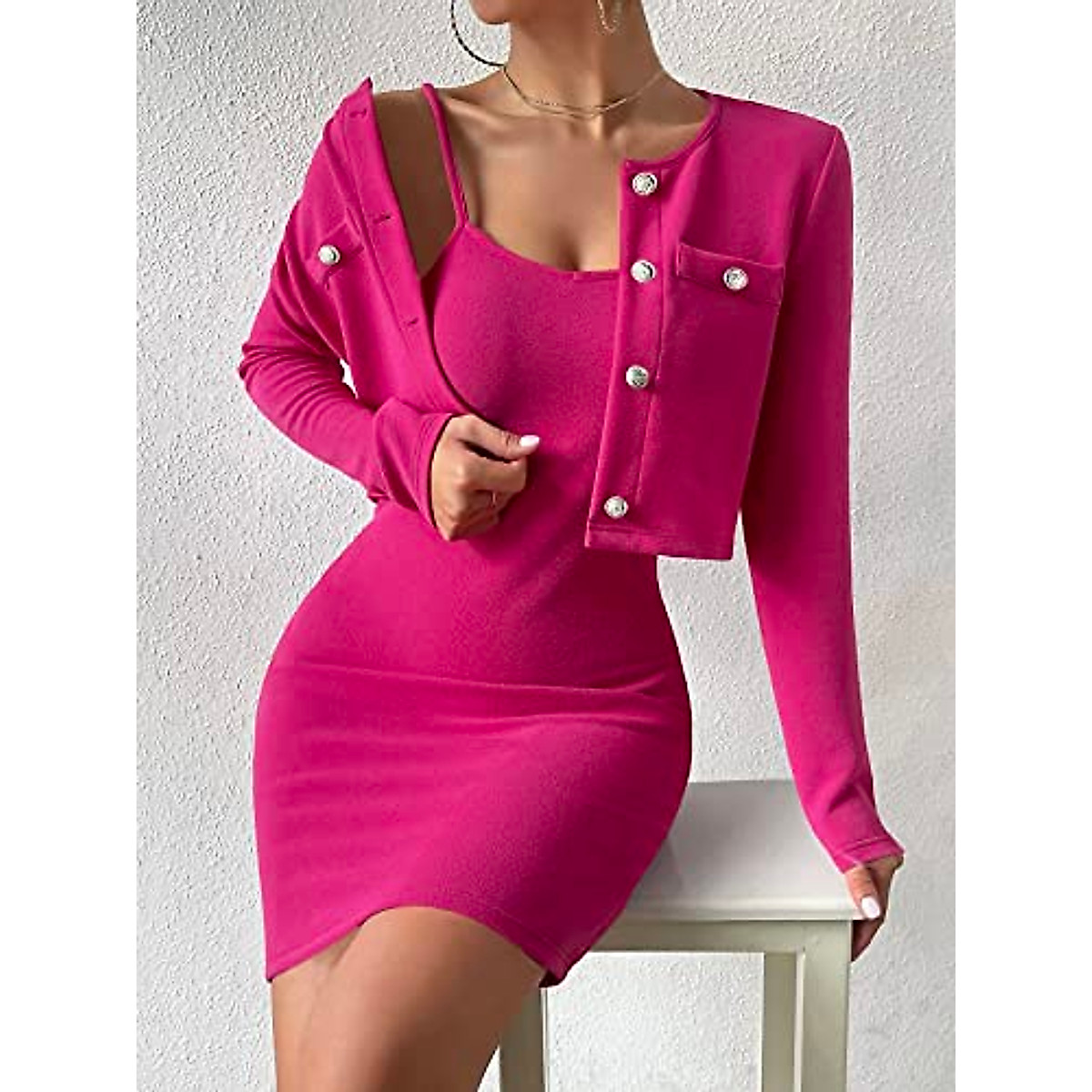 Floerns Women's 2 Piece Outfit Button Front Jacket Blazer with Bodycon Cami Dress Hot Pink M