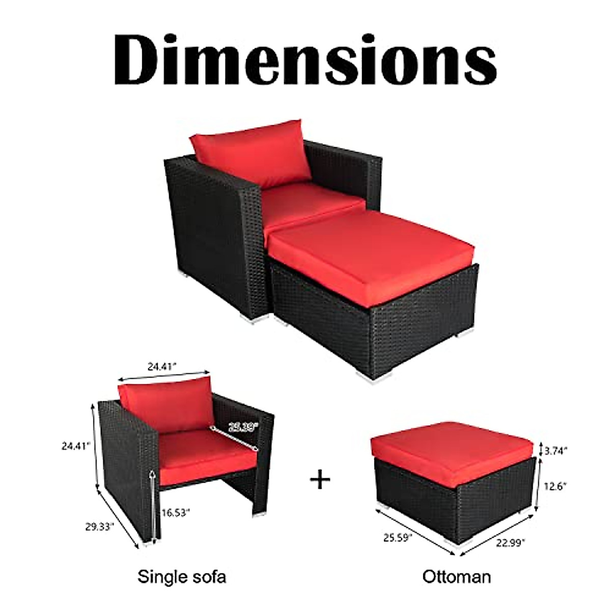 kinbor Patio Furniture Set, PE Rattan Chair with Ottoman and Cushions for Outdoor Balcony Porch Deck