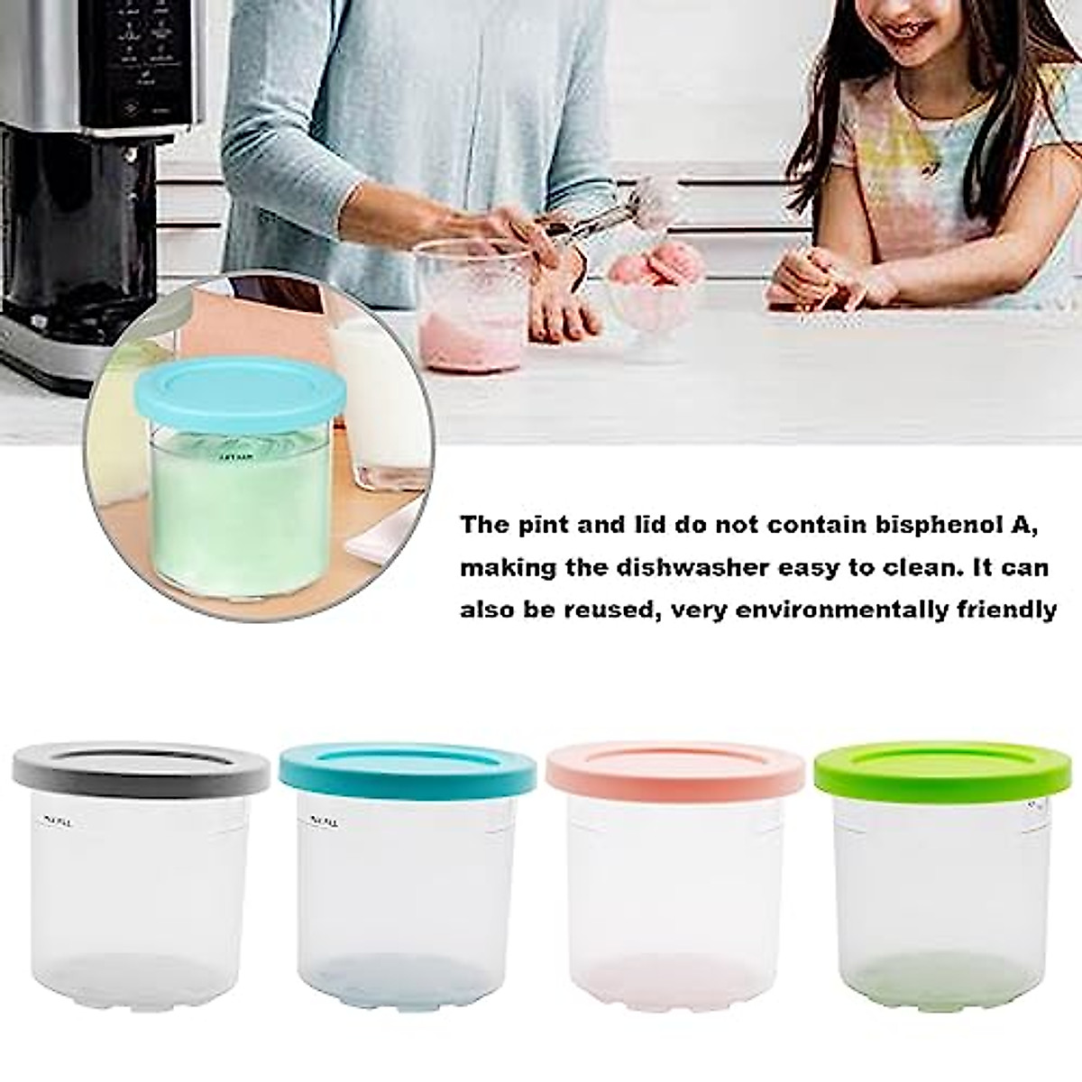 4 Pack Ice Cream Containers Replacement for Ninja Creami Ice Cream Makers NC300, NC301 & NC299AMZ Series, Reusable, BPA-Free & Dishwasher Safe, Airtight, Gray/Blue/Pink/Green Lids