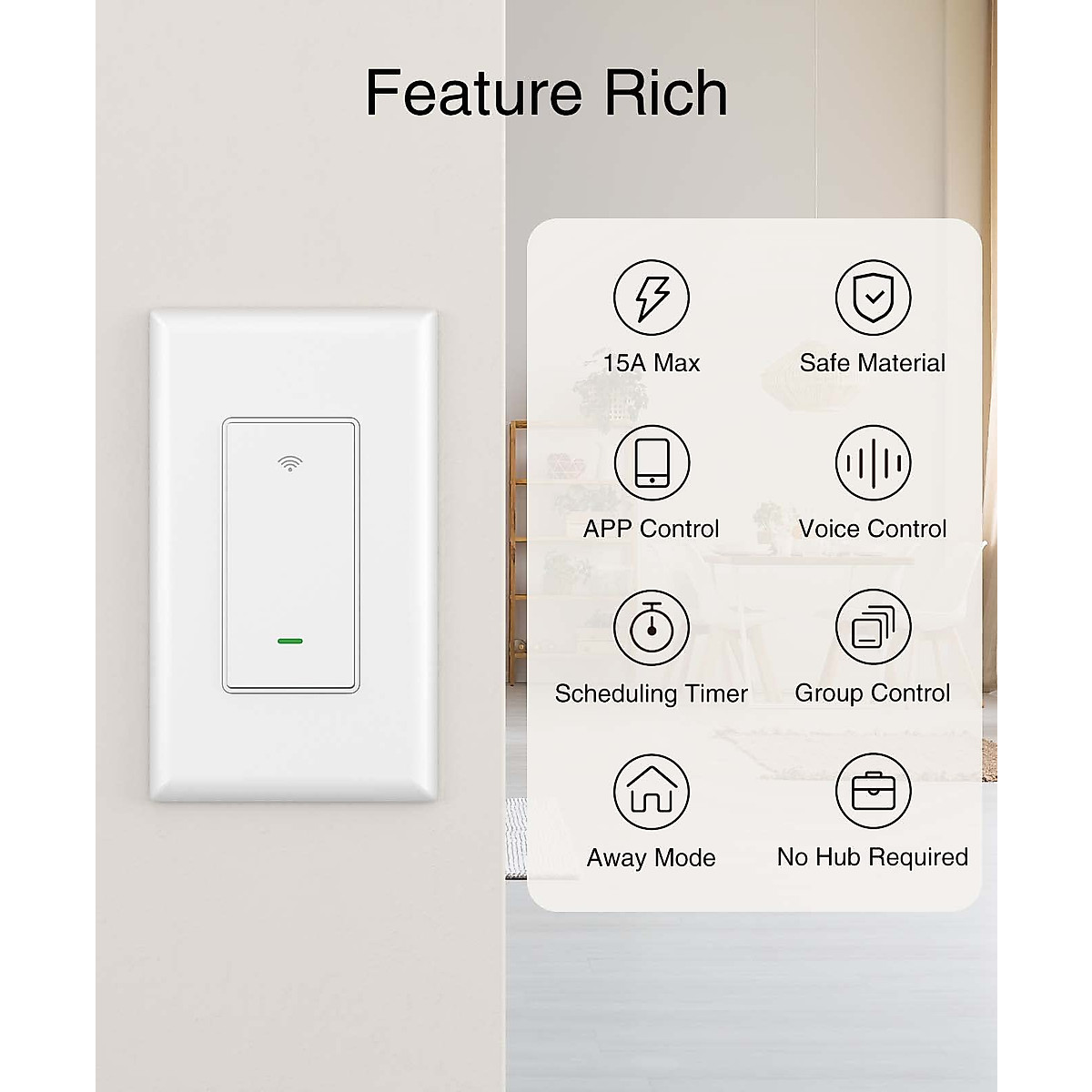 GHome Smart Switch,Smart Wi-Fi Light Switch for Lights Works with Alexa and Google Home 2.4Ghz, Single-Pole(Not 3-Way),Neutral Wire Required,UL Certified,Voice Control (2 Pack)